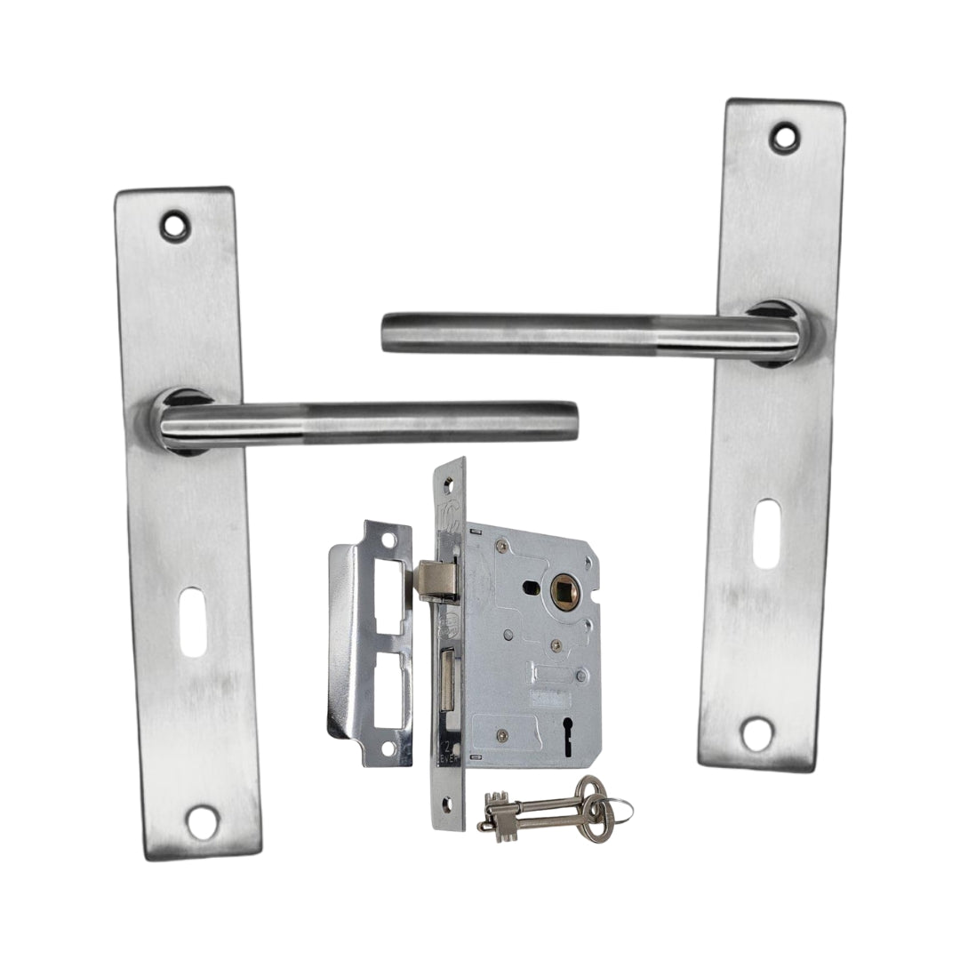 Brushed Stainless Steel Door Handle on Plate with SABS Approved Two Lever Lock - Decor Handles