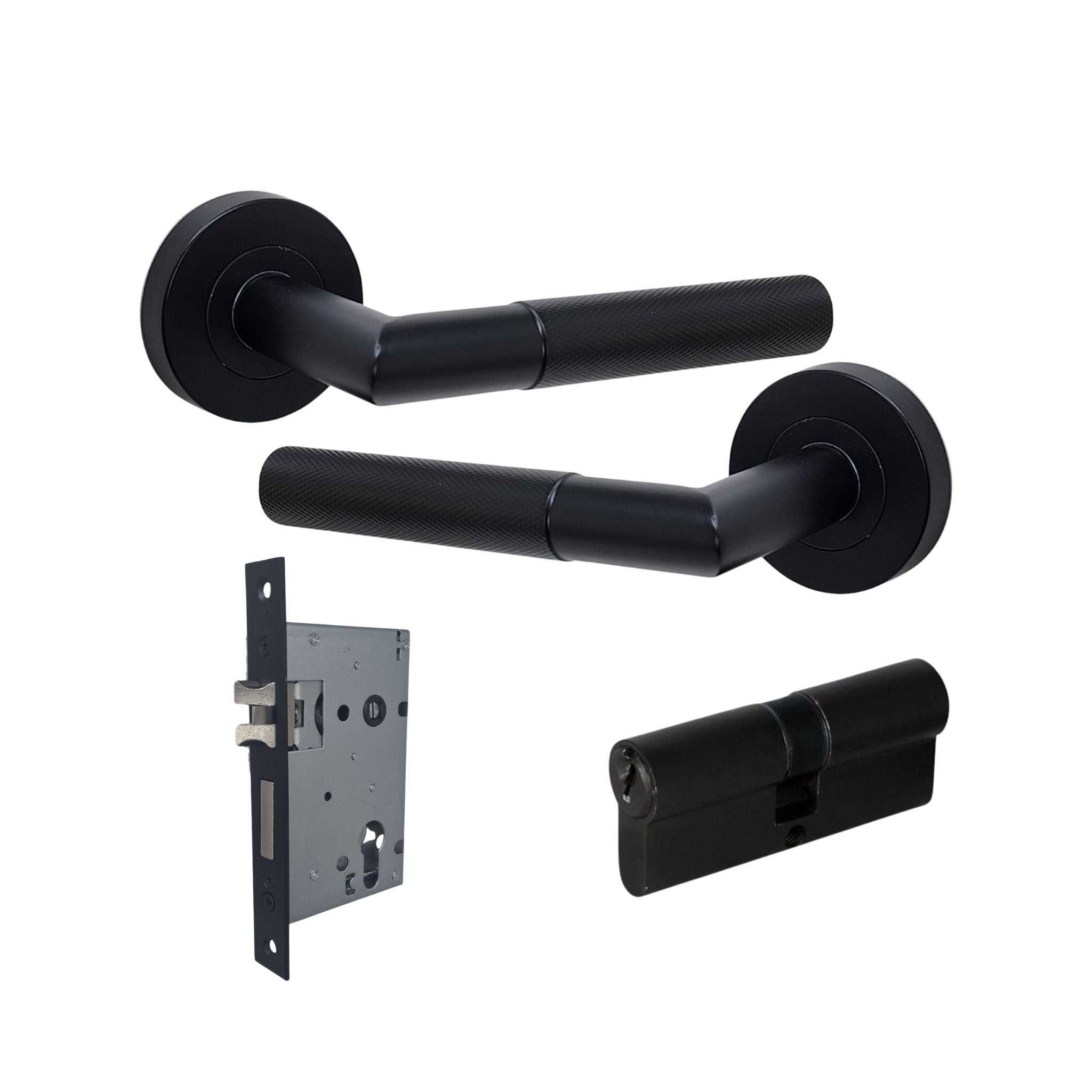 Matt Black Knurled Lever Handle Bundle with Matching Lock and Cylinder ...